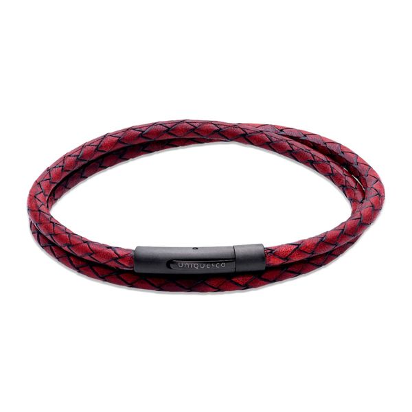 Unique Antique Red/Black Double Leather Bracelet with Steel Push Clasp ...